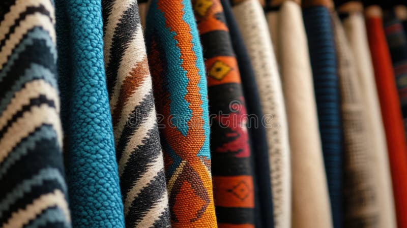 A Row of Colorful Fabrics Hanging on a Rack in the Store, AI Stock ...