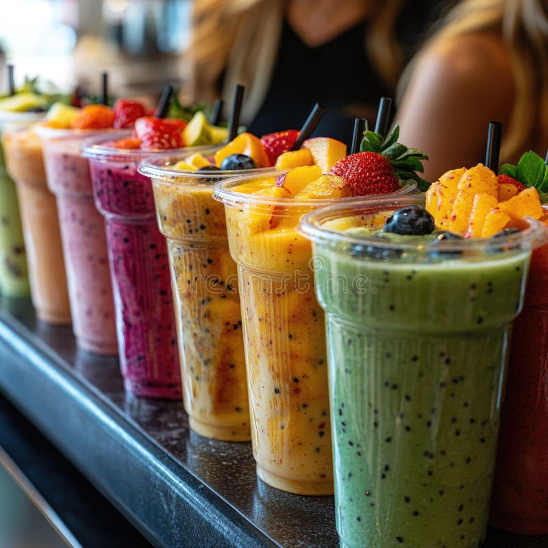 A Row of Colorful Fruit Smoothies Lined Up on a Counter, Perfect for Cafe or Restaurant Interior ...