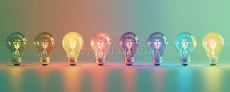 Row of Colorful Glowing Lightbulbs on Gradient Background, Creative ...