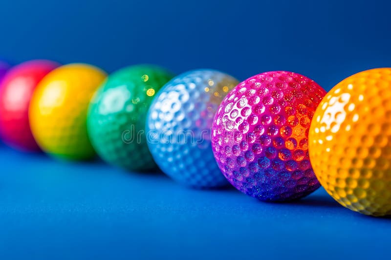 A Row of Colorful Golf Balls Lined Up in a Row on a Blue Surface Stock ...
