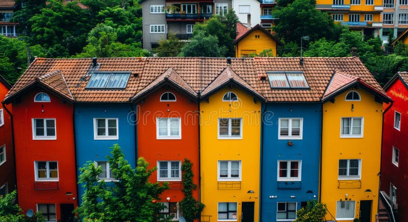 A Row of Colorful Houses with a Green Yard in between Stock Photo ...