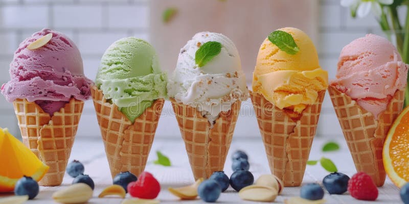 A Row of Colorful Ice Cream Cones Filled with Various Flavors Stock ...