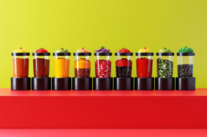 A Row of Colorful Jars Filled with Various Spices and Condiments with ...