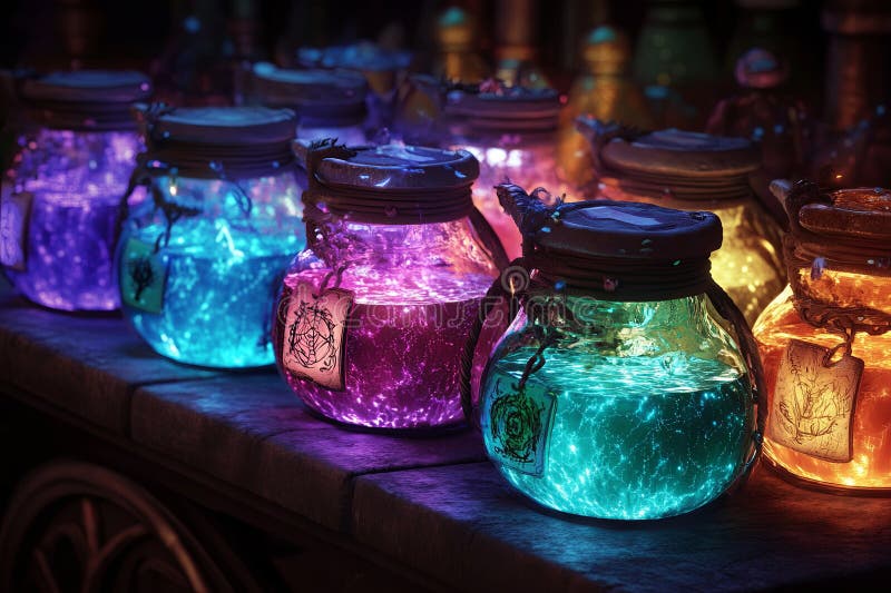 A Row of Colorful Jars with Glowing Lights Inside. Quality Stock Image ...