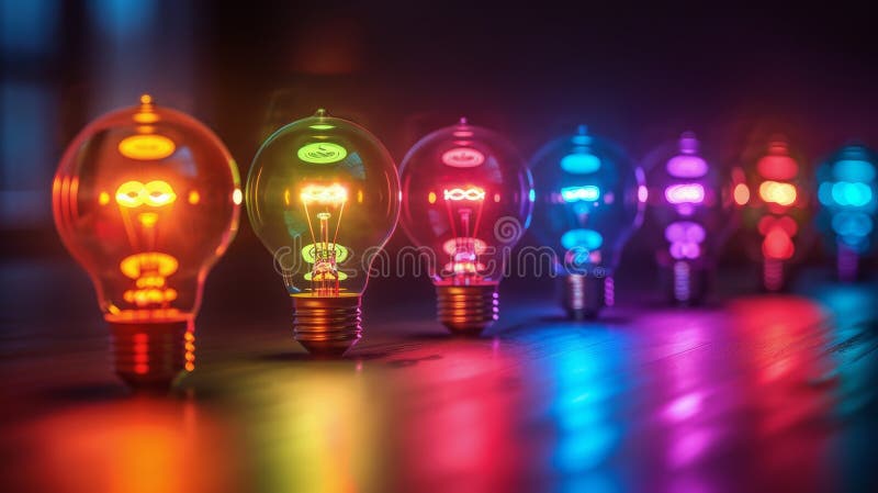 Row of Colorful Light Bulbs on Counter Stock Image - Image of multi ...