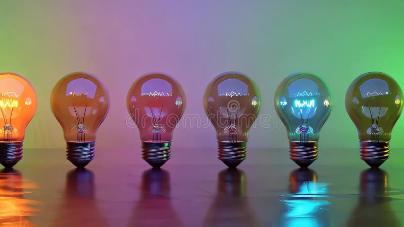Row of Colorful Lightbulbs on Reflective Surface, Creative Innovation ...