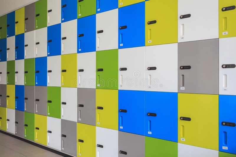 Row Of Colorful Lockers And Security Password Code On Door For S Stock ...