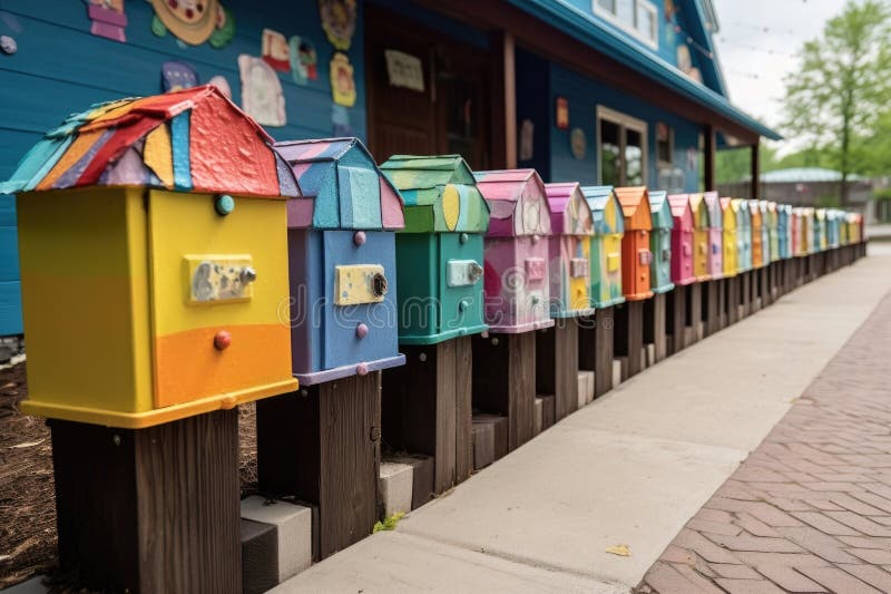 Row of Colorful Mailboxes Filled with Packages and Letters Stock Photo ...
