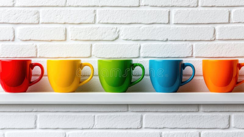 A Row of Colorful Mugs on a Shelf in Front of White Brick Wall, AI ...