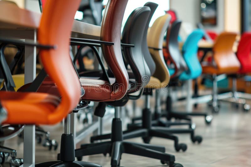 Row of Colorful Office Chairs in a Modern, Open Workspace with Glass ...