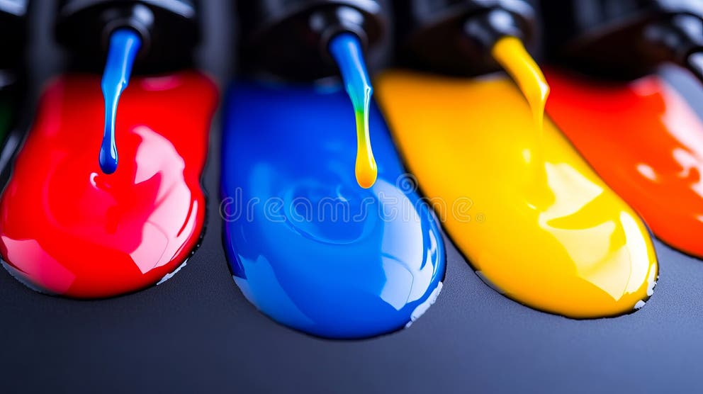 A Row of Colorful Paint Drops on a Black Surface Stock Photo - Image of ...