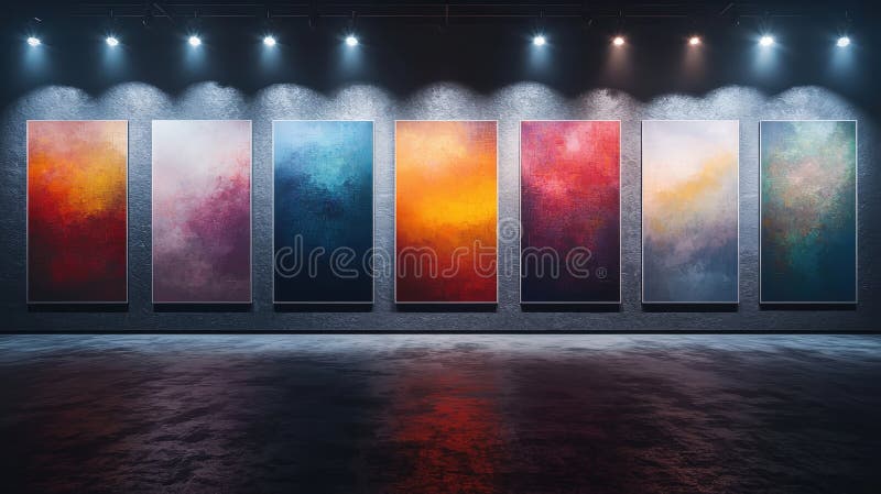 Row of Colorful Paintings Displayed in a Dark Room with Subtle Lighting ...