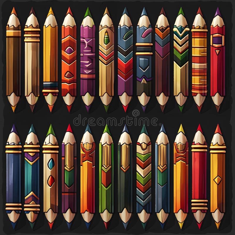A Row of Colorful Pencils with Different Designs and Patterns. Stock ...