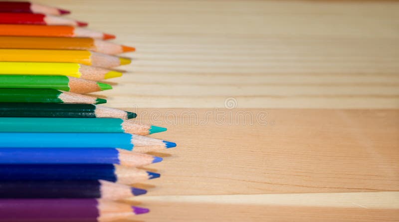 Row of Colorful Pencils Rainbow Order on Wooden Table Stock Image ...
