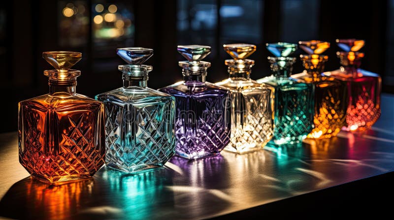 Row of Colorful Perfume Bottles Arranged on a Dark Background ...