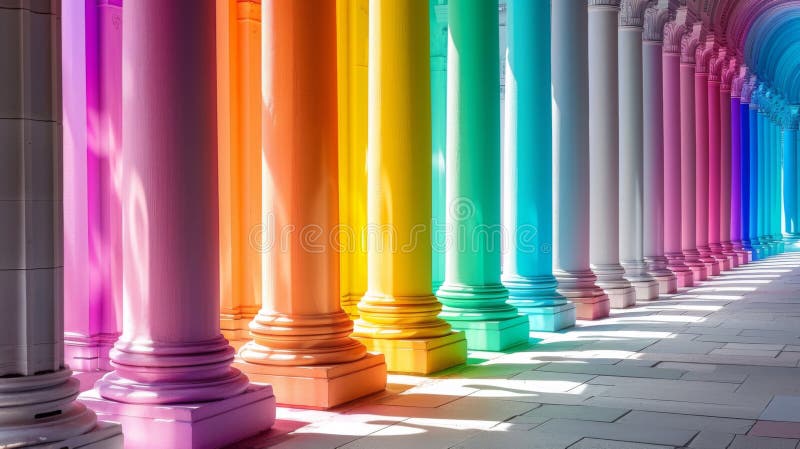 A Row of Colorful Pillars in a Hallway with Sunlight Shining through ...