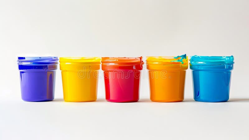 A Row of Colorful Plastic Containers Filled with Paint on a White ...