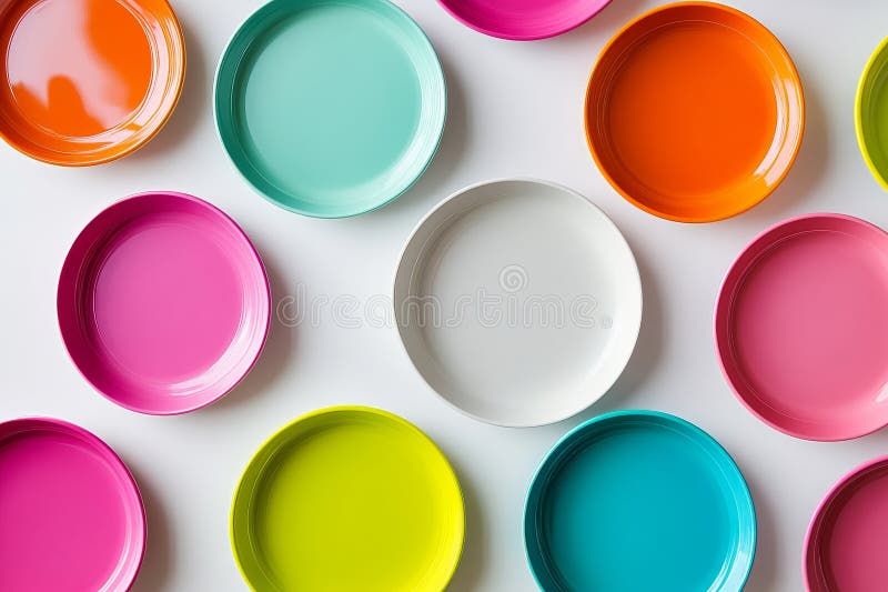 A Row of Colorful Plates with One White Plate in the Middle Stock ...