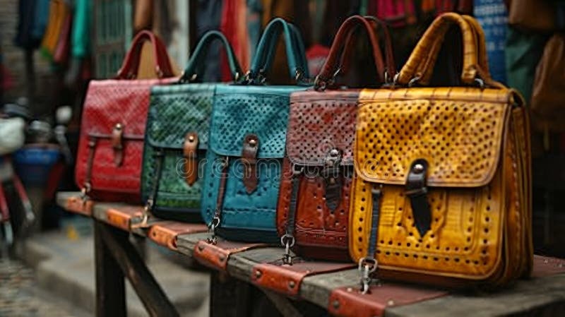 A Row of Colorful Purses Sitting on a Wooden Table, AI Stock ...