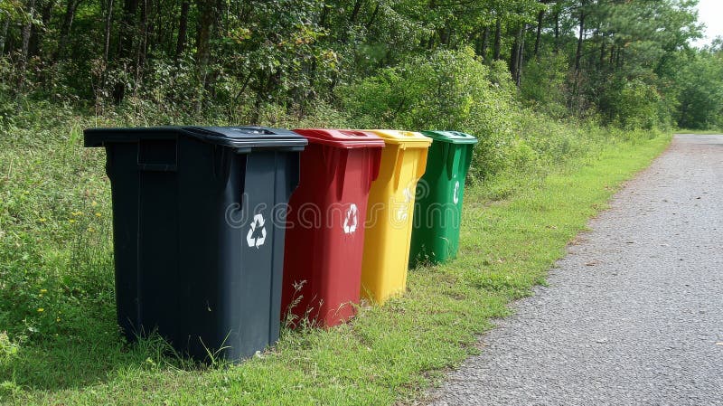 Outdoor Recycling Bins Along a Green Roadside Stock Photo - Image of ...