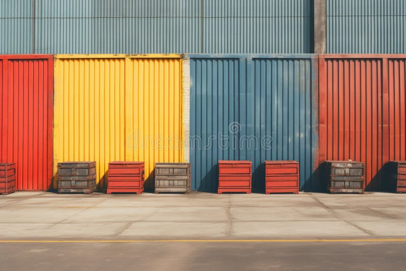 A Row of Colorful Shipping Containers in Front of a Building Stock ...