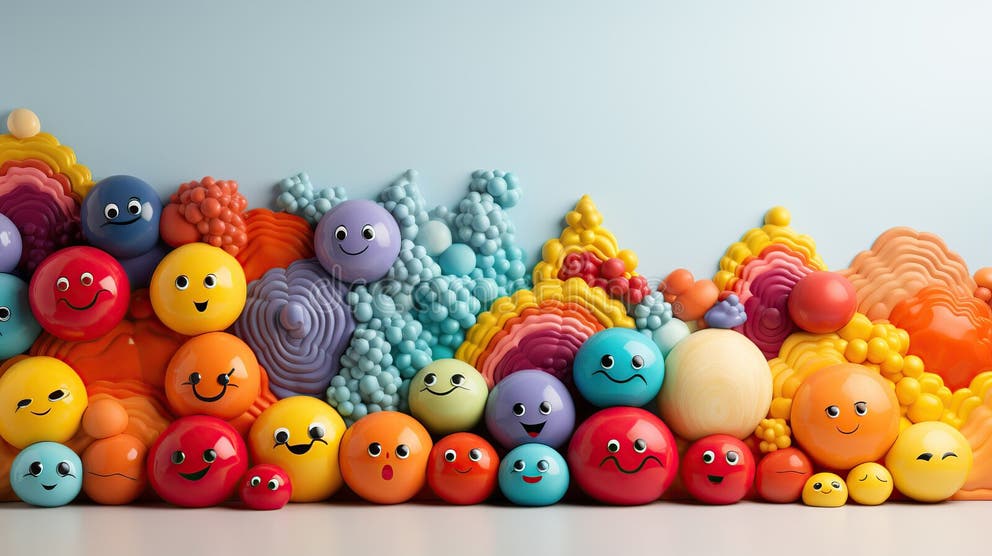 A Row of Colorful Smiley Faces in Front of a Blue Wall with a Colorful ...