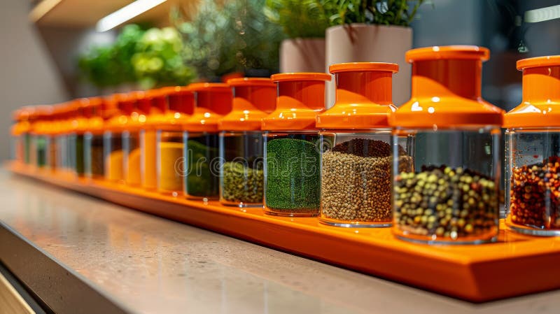 Row of Colorful Spices in Glass Jars with Orange Lids on a Kitchen ...