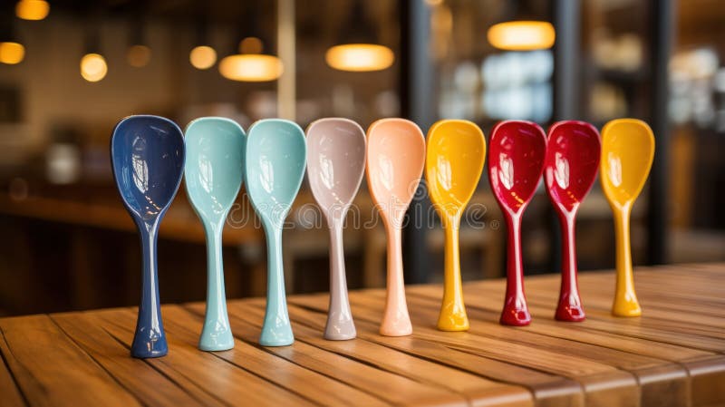 A Row of Colorful Spoons Lined Up on a Wooden Table, AI Stock ...