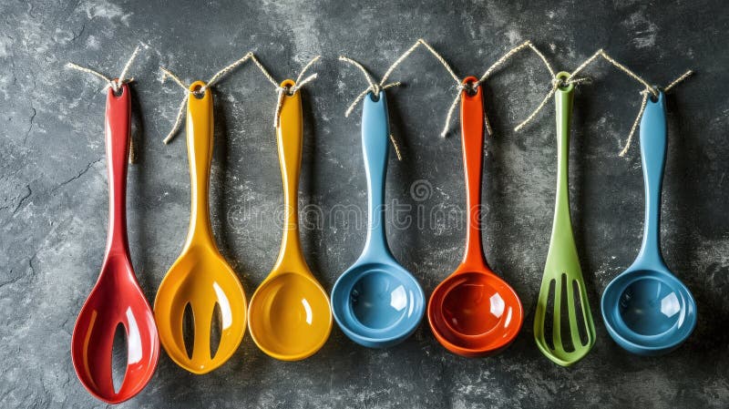 A Row of Colorful Spoons with String Attached To Them, AI Stock Photo ...