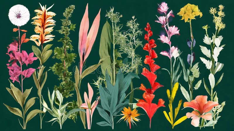 Row of Colorful Stems and Flowers of Exotic Vegetation Stock ...