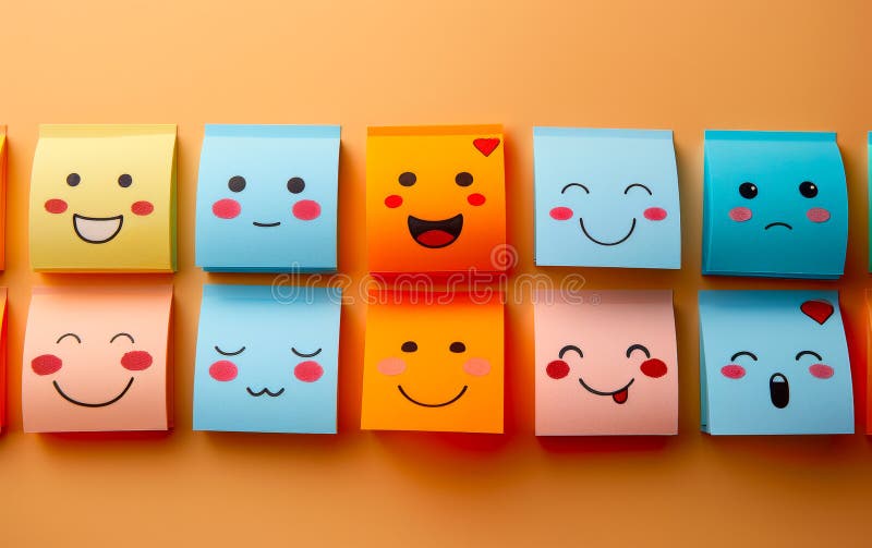A Row of Colorful Sticky Notes with Smiling Faces on Them. Scene is ...