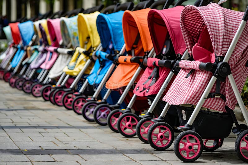 A Row of Colorful Strollers Lined Up on a Sidewalk. Generative AI Stock ...