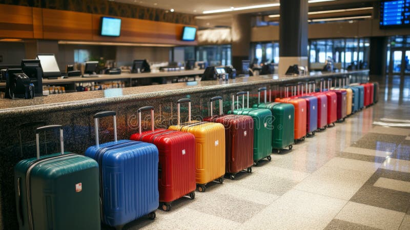 A Row of Colorful Suitcases Lined Up at a Check-in Counter Stock ...