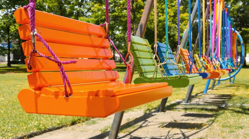 A Row of Colorful Swings are Hanging from a Metal Structure Stock ...