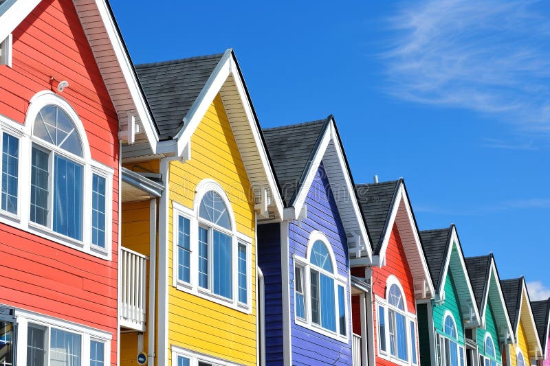 Row of Colorful Townhouses with Blue Sky Stock Image - Image of urban ...