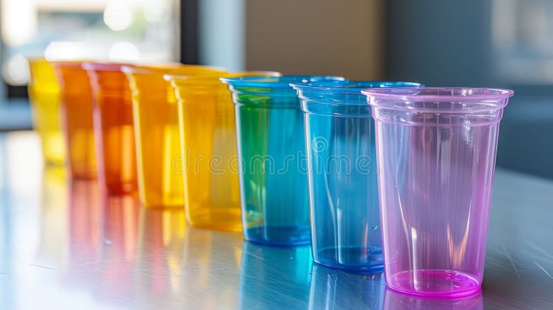 A Row of Colorful Transparent Plastic Cups on a Table. Stock Photo ...