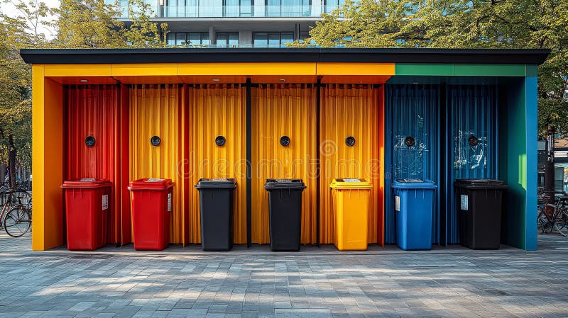 Row of Colorful Trash Cans are Lined Up on a Sidewalk Stock Image ...