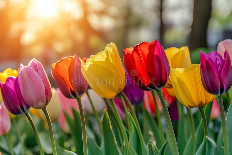 A Row of Colorful Tulips Bloom in a Field at Sunset Stock Illustration ...