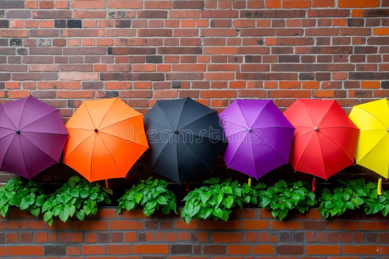A Row of Colorful Umbrellas Hanging on a Brick Wall Stock Photo - Image ...