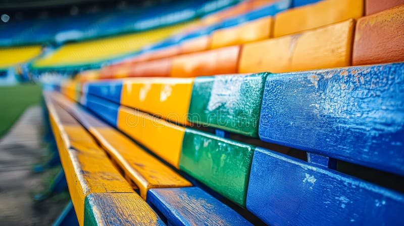 Row of Colorful Wooden Benches in a Stadium Stock Image - Image of ...
