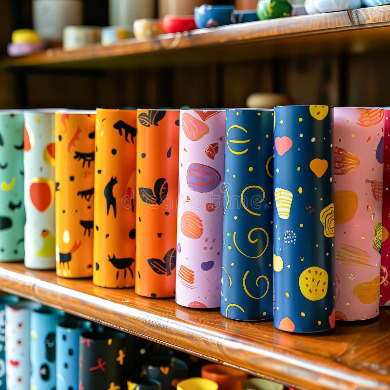 A Row of Colorful Wrapping Paper with Polka Dots and Stars. Stock Image ...