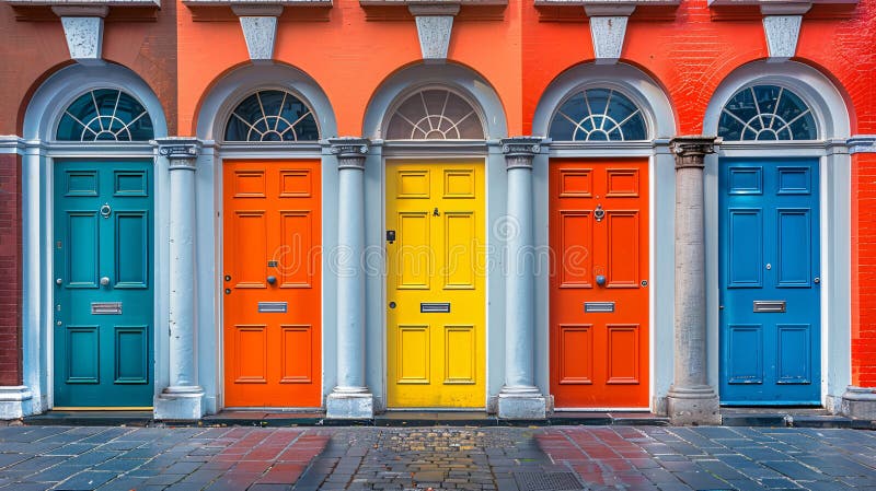A Row of Colourful Doors with a Blue Door in the Middle Stock ...