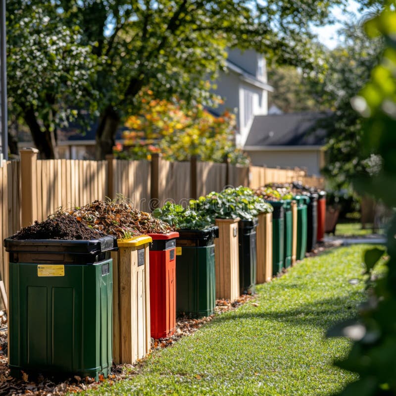 A Row of Compost Bins with Fall Leaves and Plants Stock Illustration ...