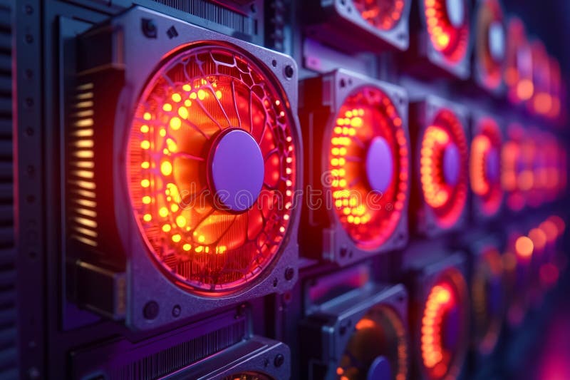 A Row of Computer Cases with Red and Blue Lights Stock Illustration ...