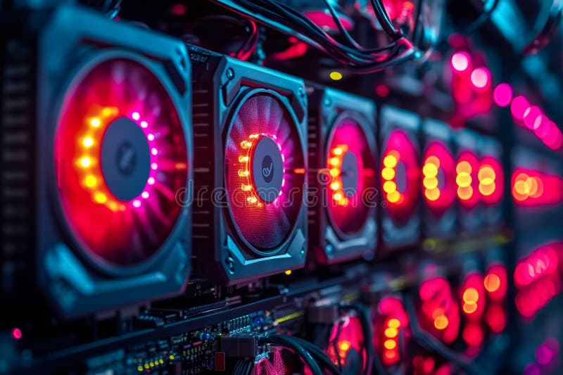 A Row of Computer Cases with Red and Blue Lights on Them Stock Image ...