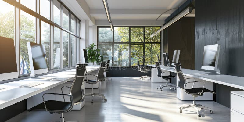 Row of Computer Desks in an Office Setting, Ideal for Depicting ...