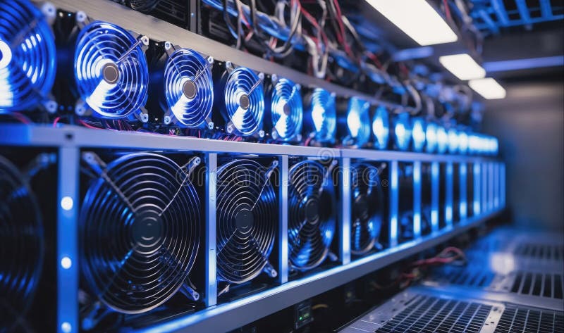 A Row of Computer Fans Spin in a Server Room, Illuminated by Blue ...