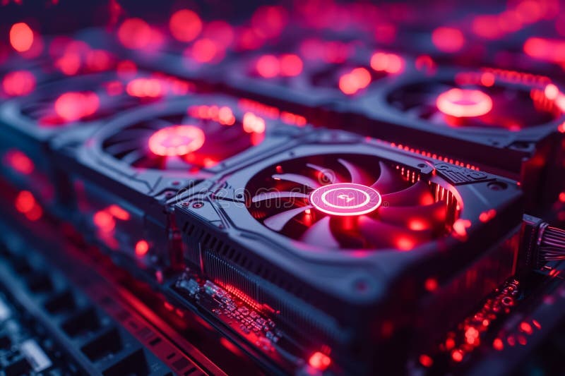 A Row of Computer Graphics Cards with Red Lights on Them Stock ...