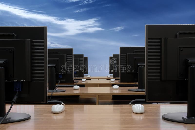 Row of computer monitors stock image. Image of office - 127660731