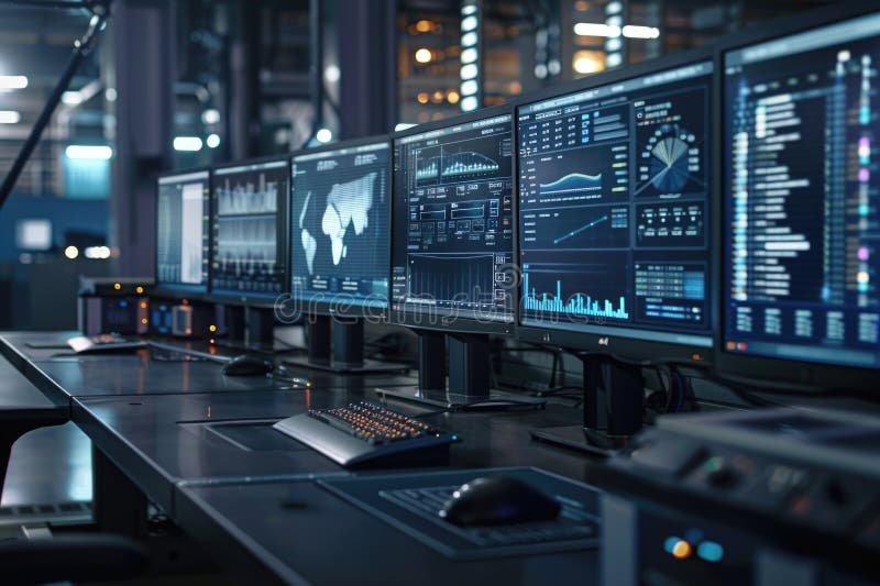 Row of Computer Monitors on a Desk, Perfect for Office or Workspace ...